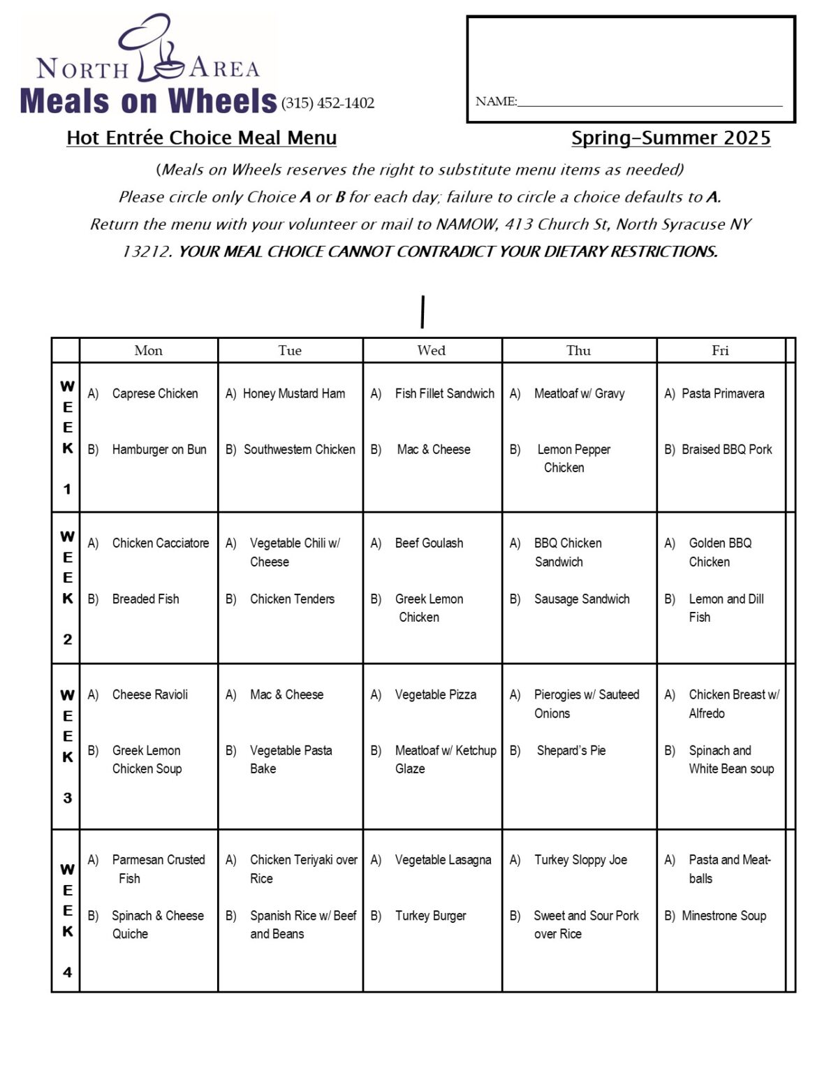 Menu – North Area Meals on Wheels