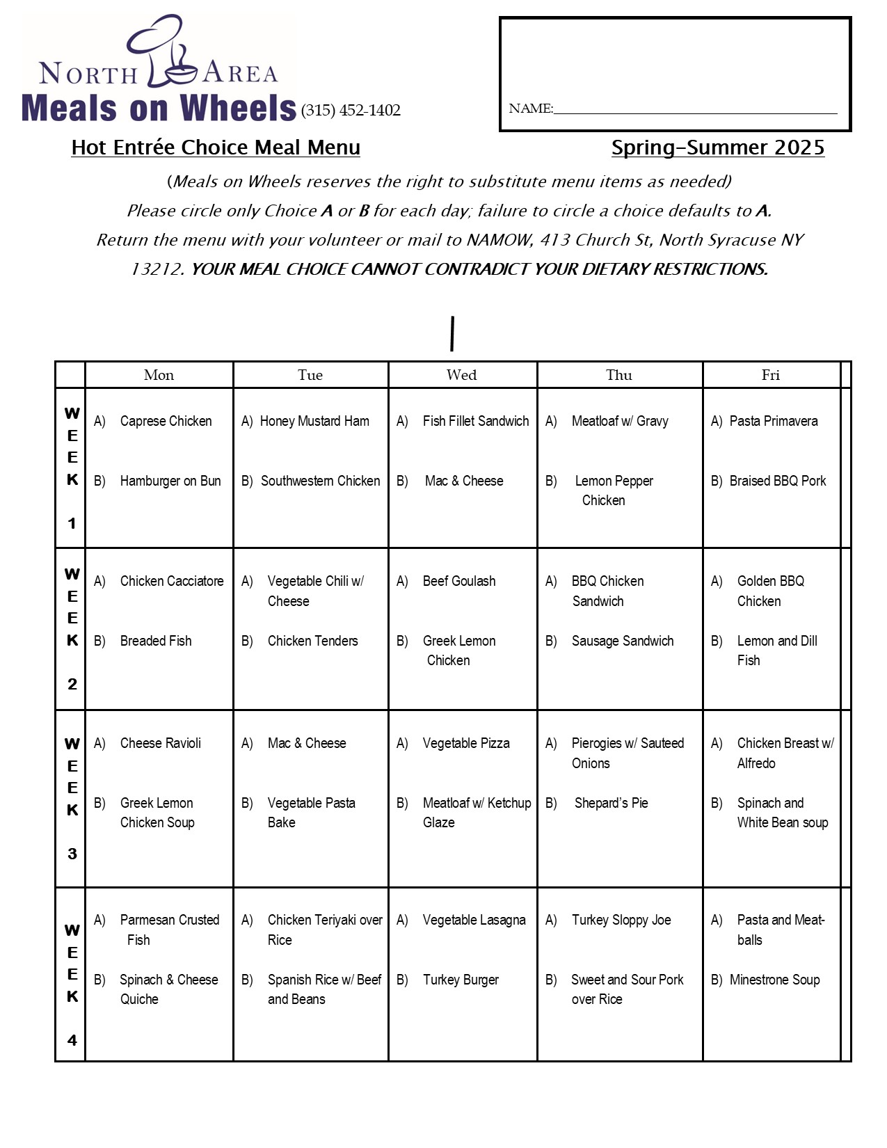 Menu – North Area Meals on Wheels